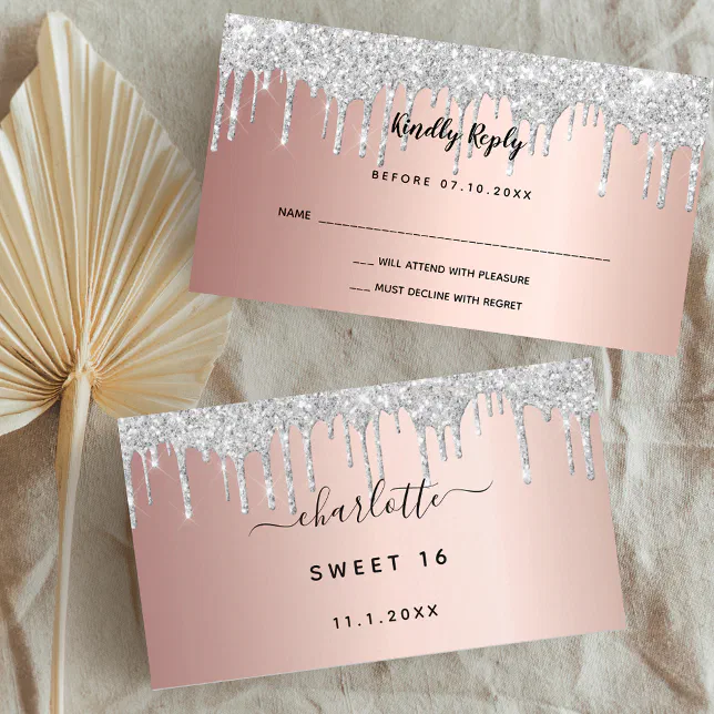Birthday rose gold silver glitter drips party RSVP Enclosure Card | Zazzle