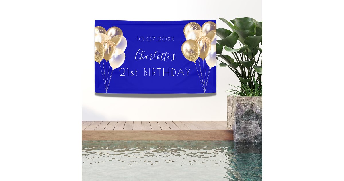 Birthday royal blue gold balloons party banner | Zazzle