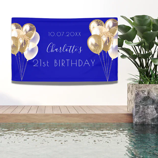 Birthday royal blue gold balloons party banner | Zazzle