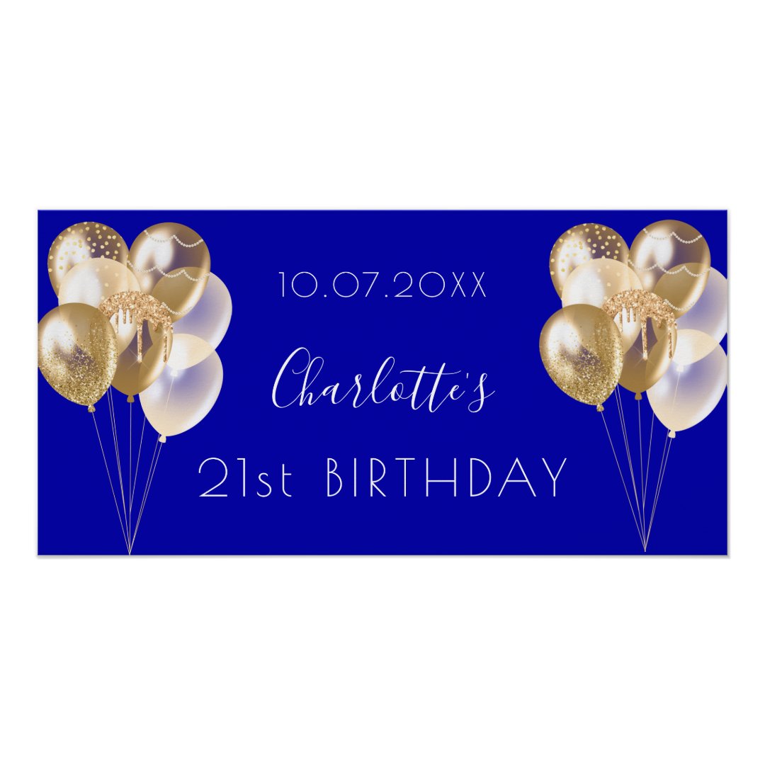 Birthday royal blue gold balloons party poster | Zazzle