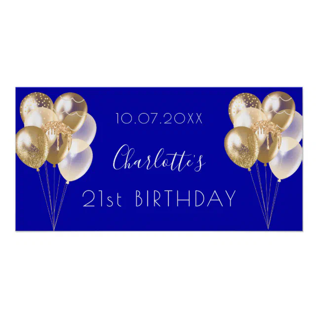 Birthday royal blue gold balloons party poster | Zazzle