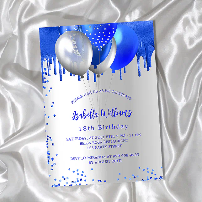 Birthday royal blue silver balloons luxury invitation | Zazzle