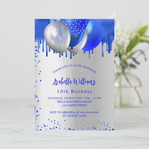 Birthday royal blue silver balloons luxury invitation | Zazzle