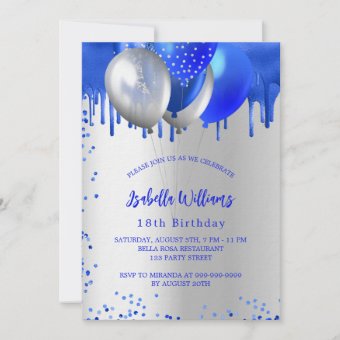 Birthday royal blue silver balloons luxury invitation | Zazzle