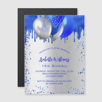 Birthday royal blue silver balloons luxury magnetic invitation | Zazzle