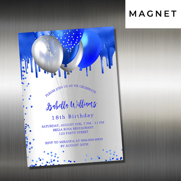Birthday royal blue silver balloons luxury magnetic invitation | Zazzle