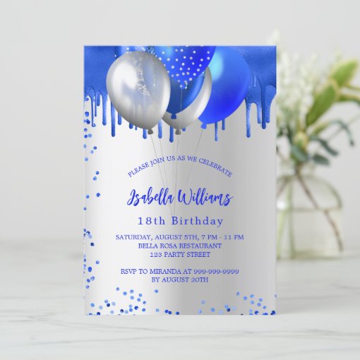 Birthday royal blue silver balloons party invitation | Zazzle