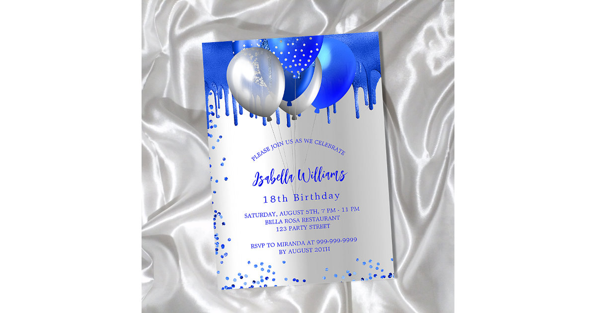 Birthday royal blue silver balloons party invitation | Zazzle