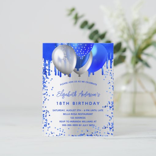Birthday royal blue silver balloons sparkles invitation postcard | Zazzle