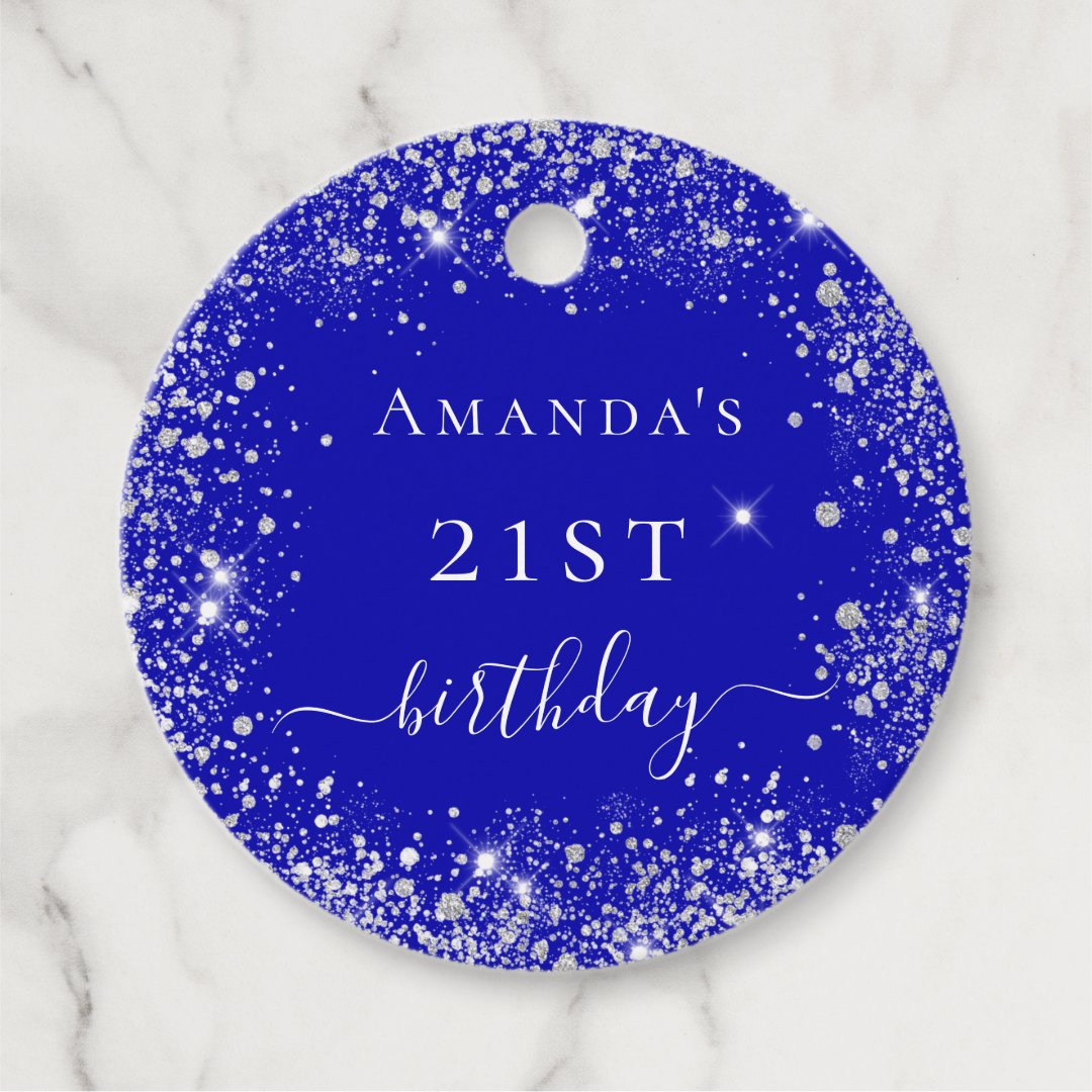 Birthday royal blue silver glitter dust monogram favor tags | Zazzle