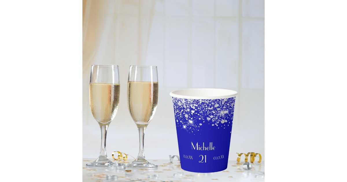 Birthday royal blue silver glitter monogram paper cups | Zazzle