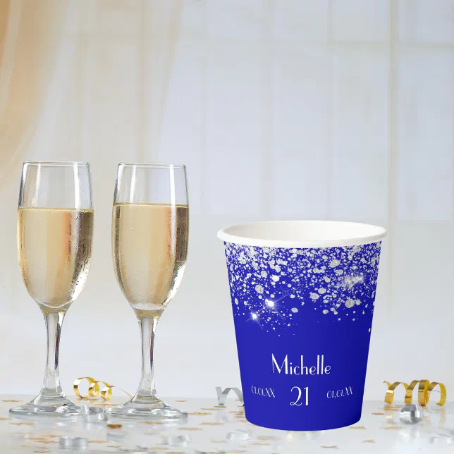 Birthday royal blue silver glitter monogram paper cups | Zazzle