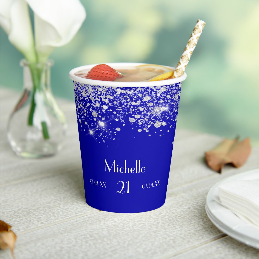 Birthday royal blue silver glitter monogram paper cups | Zazzle