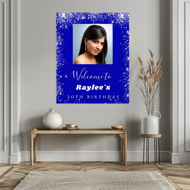 Birthday royal blue silver glitter photo welcome poster | Zazzle
