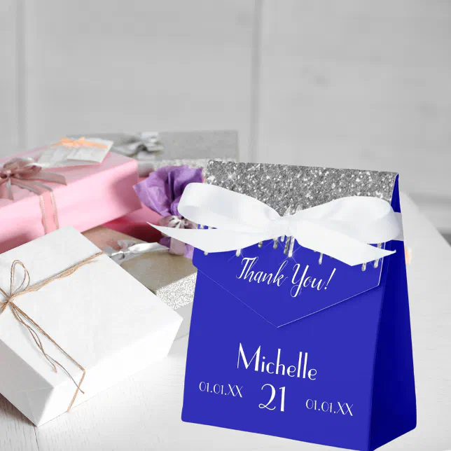 Birthday royal blue silver glitter white monogram favor boxes | Zazzle