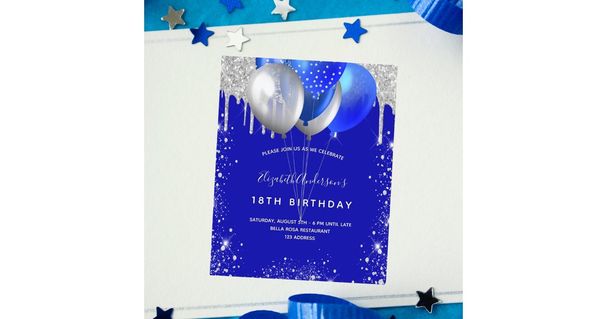 Birthday royal blue silver invitation | Zazzle