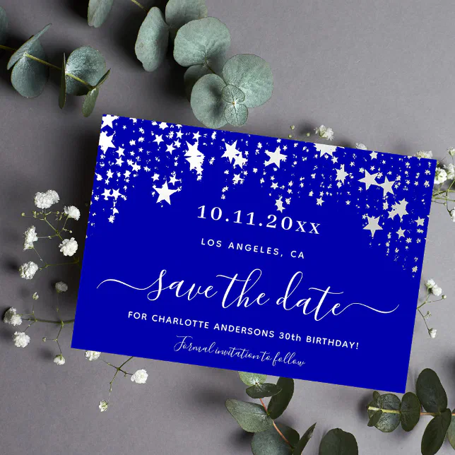 Birthday royal blue stars elegant script save the date | Zazzle