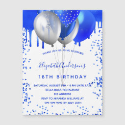 Birthday royal blue white balloons luxury magnetic invitation | Zazzle