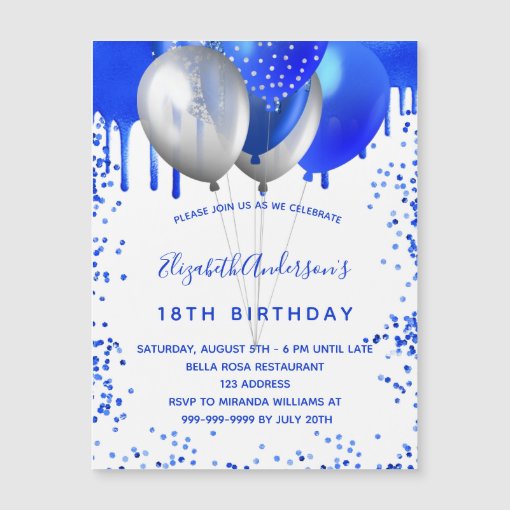 Birthday royal blue white balloons luxury magnetic invitation | Zazzle