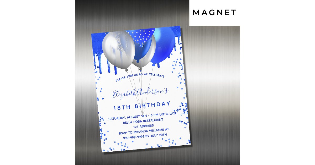 Birthday royal blue white balloons luxury magnetic invitation | Zazzle