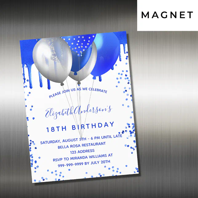 Birthday royal blue white balloons luxury magnetic invitation | Zazzle