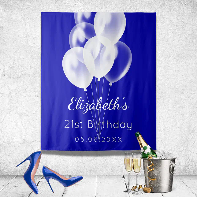 Birthday royal blue white balloons name tapestry | Zazzle