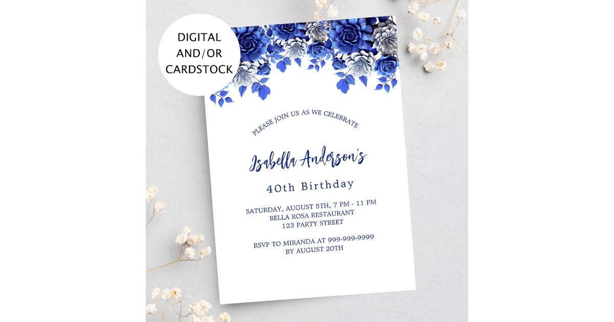 Birthday royal blue white flowers invitation | Zazzle