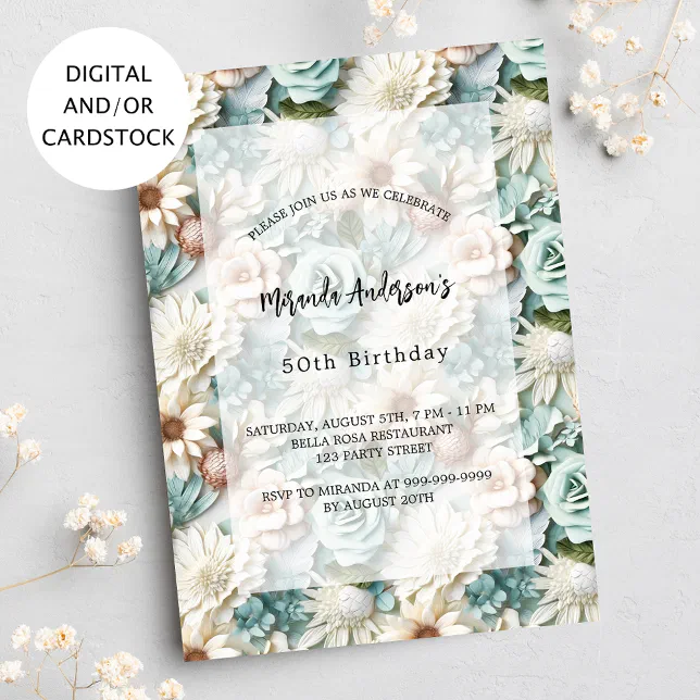 Birthday sage green white flowers invitation | Zazzle