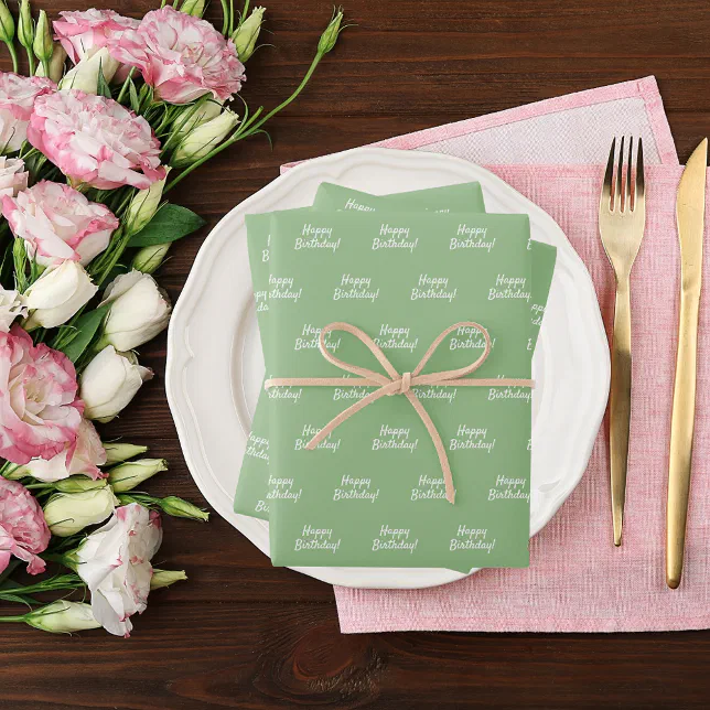 Birthday sage green white wrapping paper sheets | Zazzle