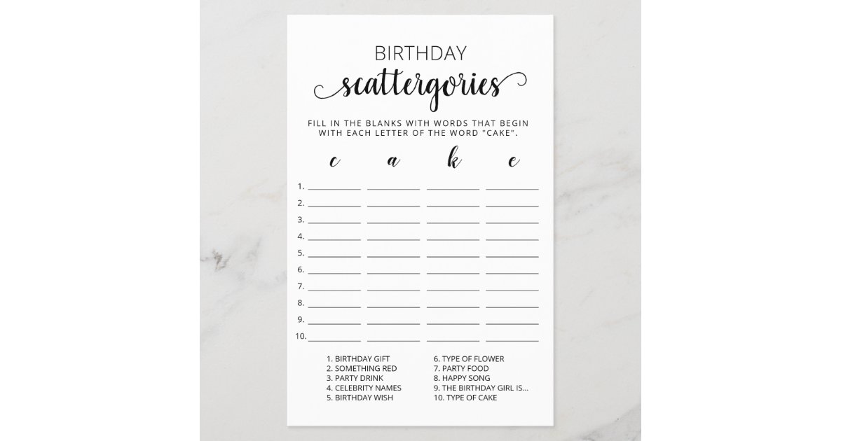 Birthday Scattergories editable game | Zazzle