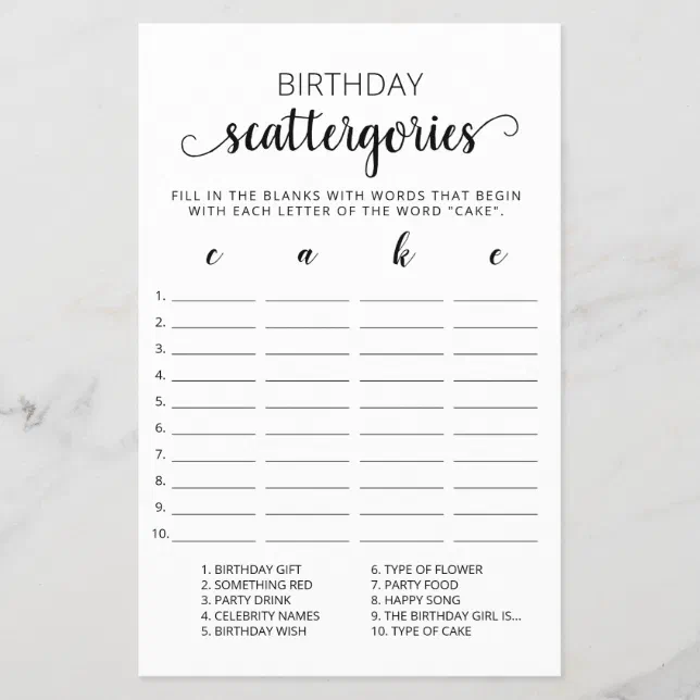 Birthday Scattergories editable game | Zazzle