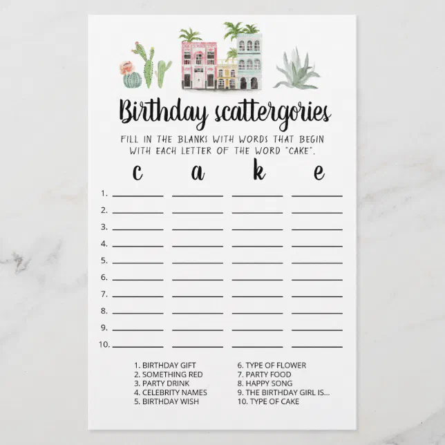 Birthday Scattergories editable game | Zazzle