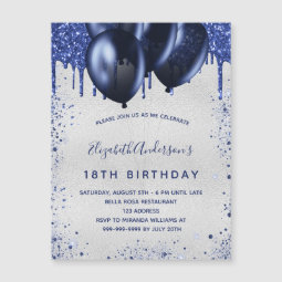 Birthday silver blue balloons invitation magnet | Zazzle