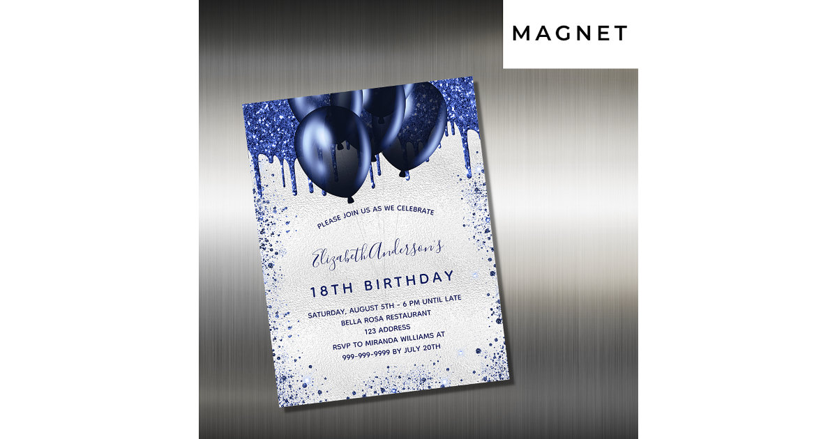 Birthday silver blue balloons invitation magnet | Zazzle