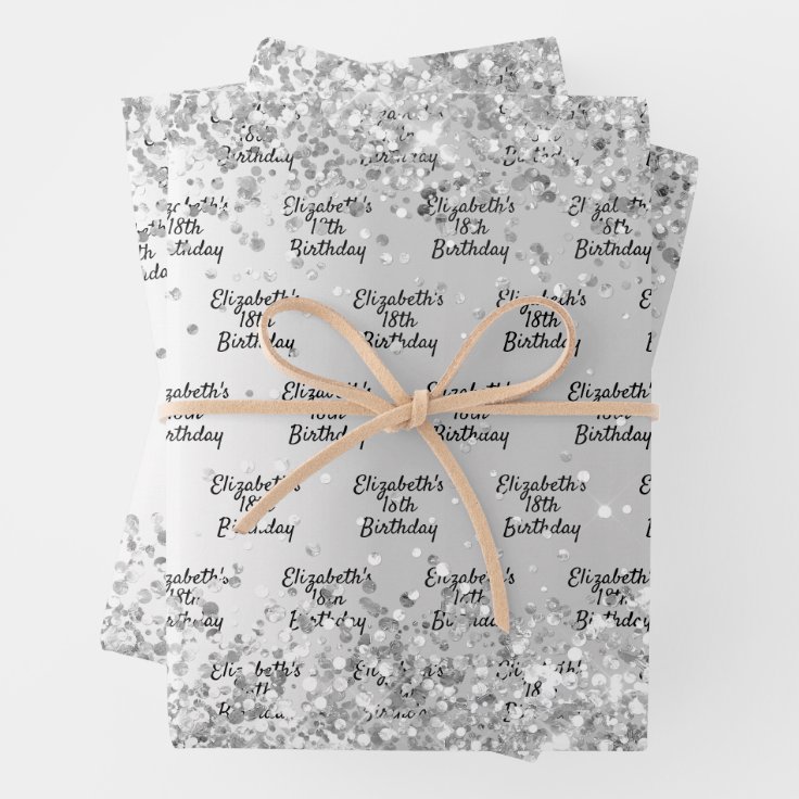 Birthday silver confetti sparkle name elegant wrapping paper sheets ...