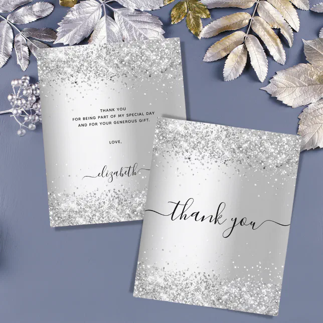 Birthday silver glitter budget thank you card | Zazzle