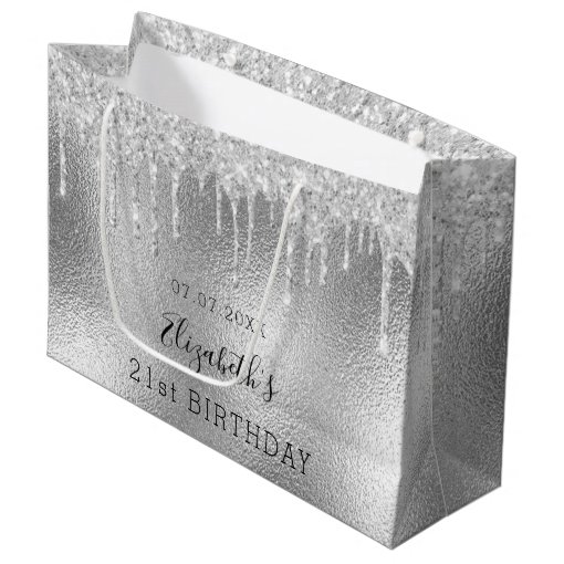 Birthday silver glitter drips monogram metal large gift bag | Zazzle