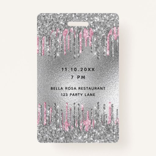 Birthday silver glitter drips pink vip invitation badge | Zazzle