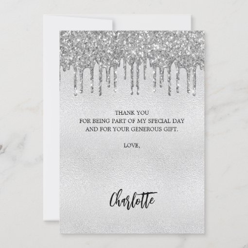 Birthday silver glitter drips thank you card | Zazzle
