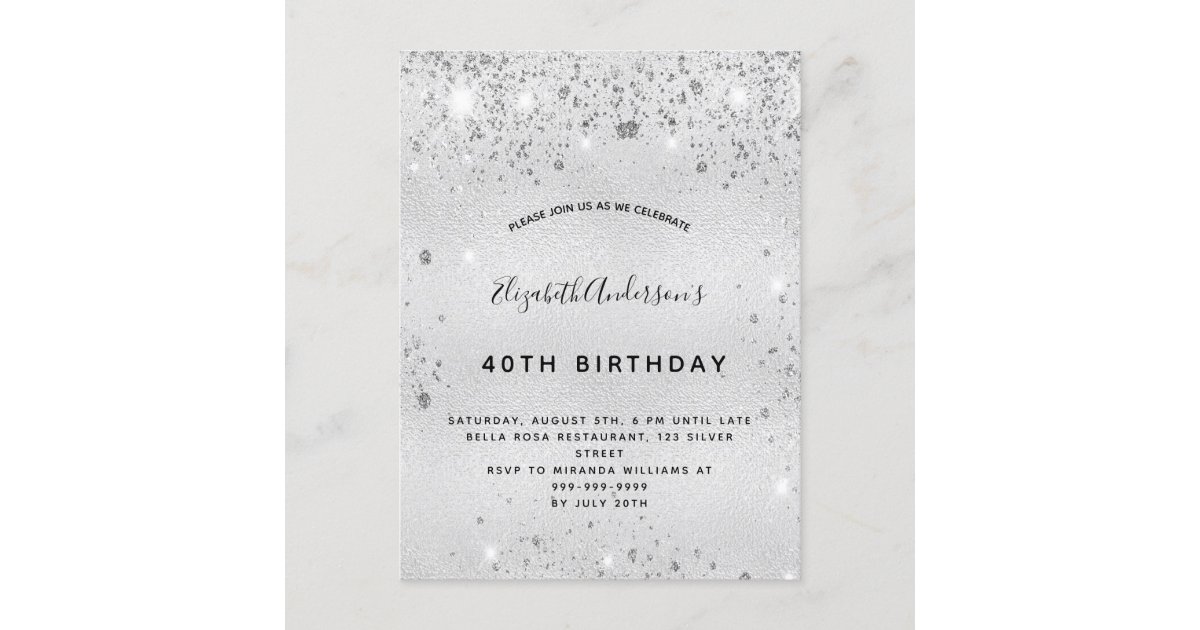 Birthday silver glitter dust metal elegant invitation postcard | Zazzle