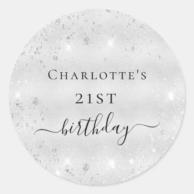 Birthday silver glitter dust metal monogram classic round sticker | Zazzle