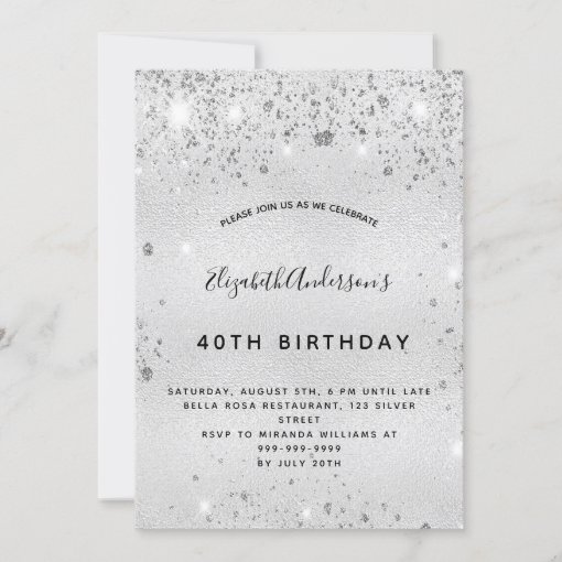 Birthday silver glitter elegant glamorous invitation | Zazzle