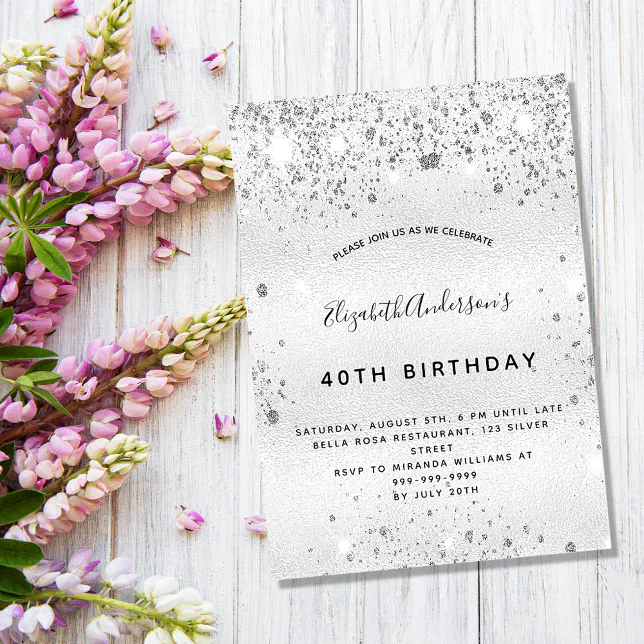 Birthday silver glitter elegant glamorous invitation | Zazzle
