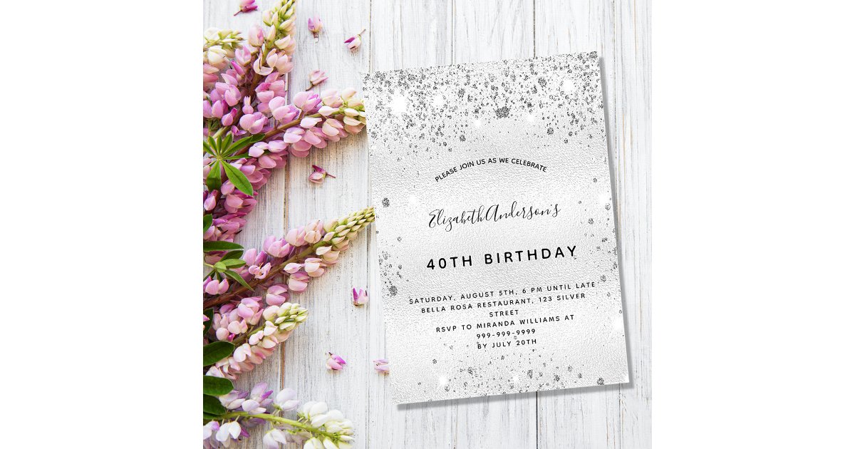 Birthday silver glitter elegant glamorous invitation | Zazzle