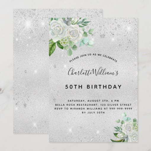 Birthday silver glitter floral greenery invitation | Zazzle