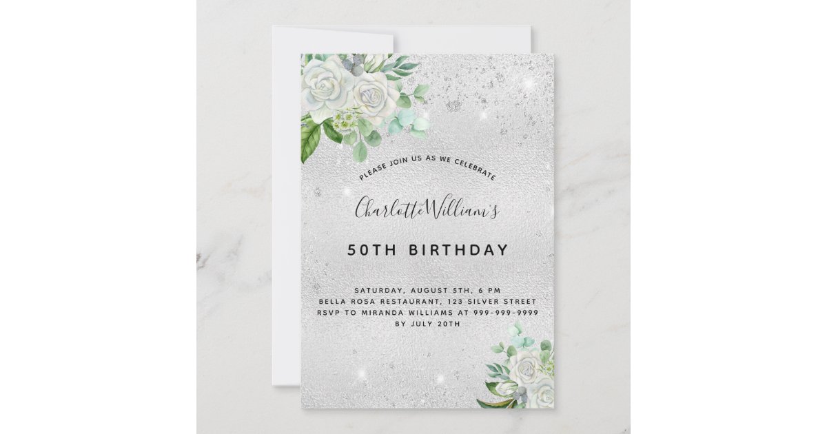 Birthday silver glitter floral greenery invitation | Zazzle