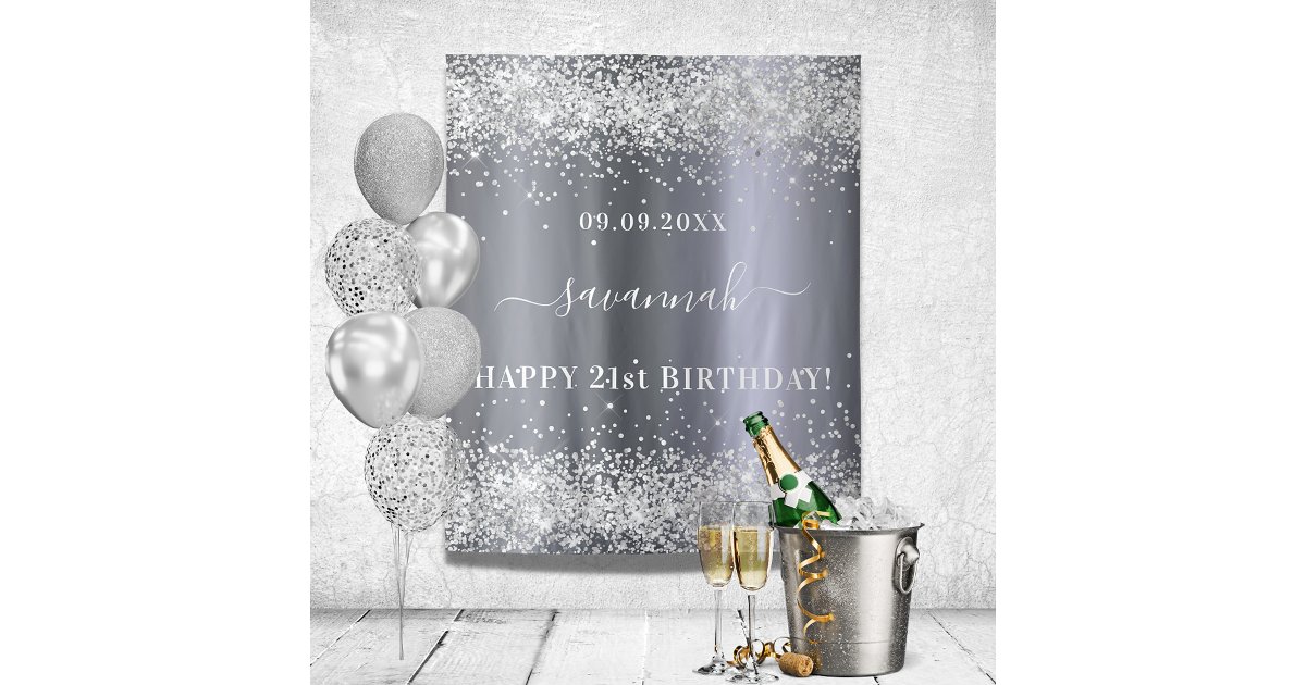 Birthday silver glitter name decoration tapestry | Zazzle