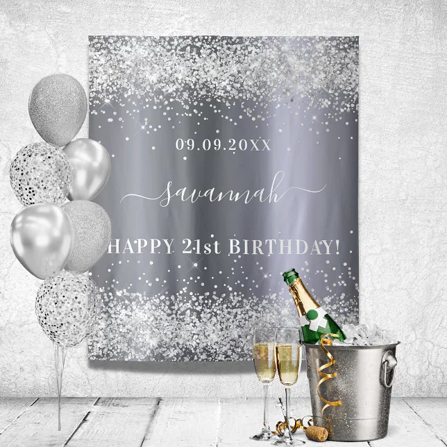 Birthday silver glitter name decoration tapestry | Zazzle