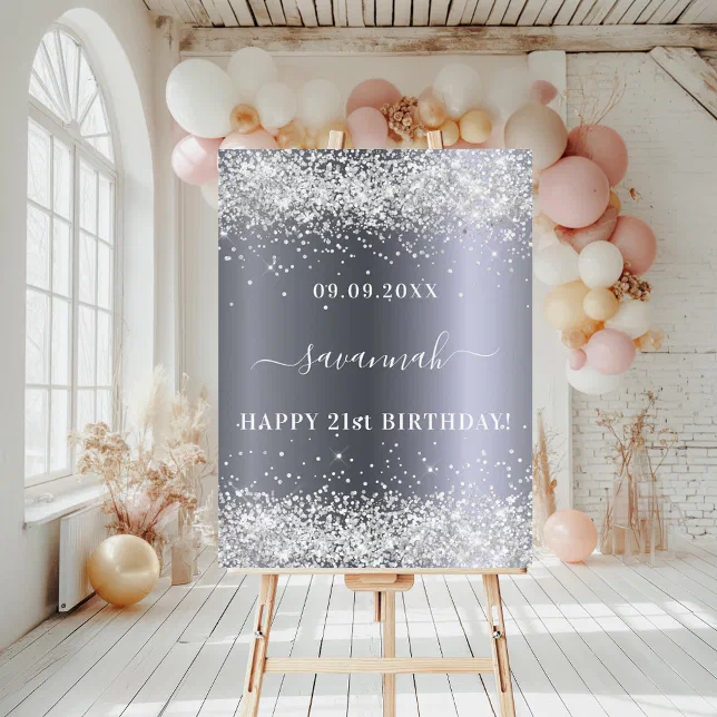 Birthday silver glitter name welcome foam board | Zazzle