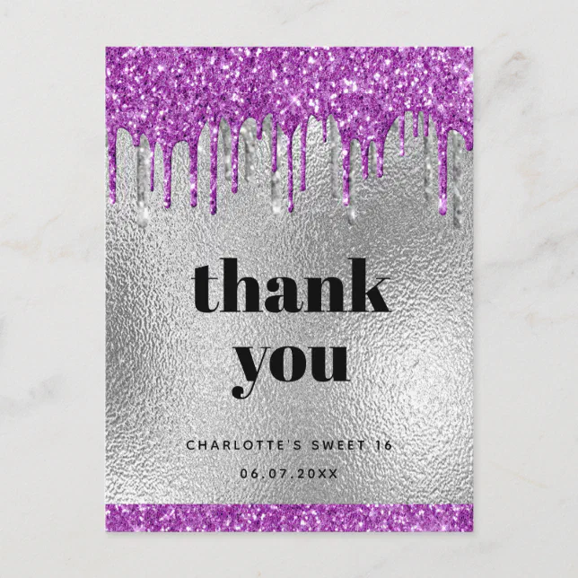 Birthday silver glitter purple modern thank you postcard | Zazzle